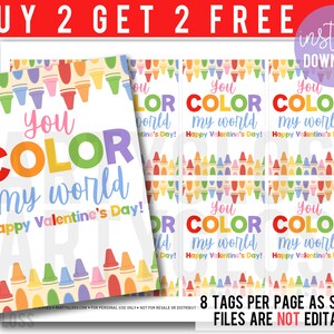 Coloring Rainbow Crayon Valentine's Day Printable Tags, You Color My ...