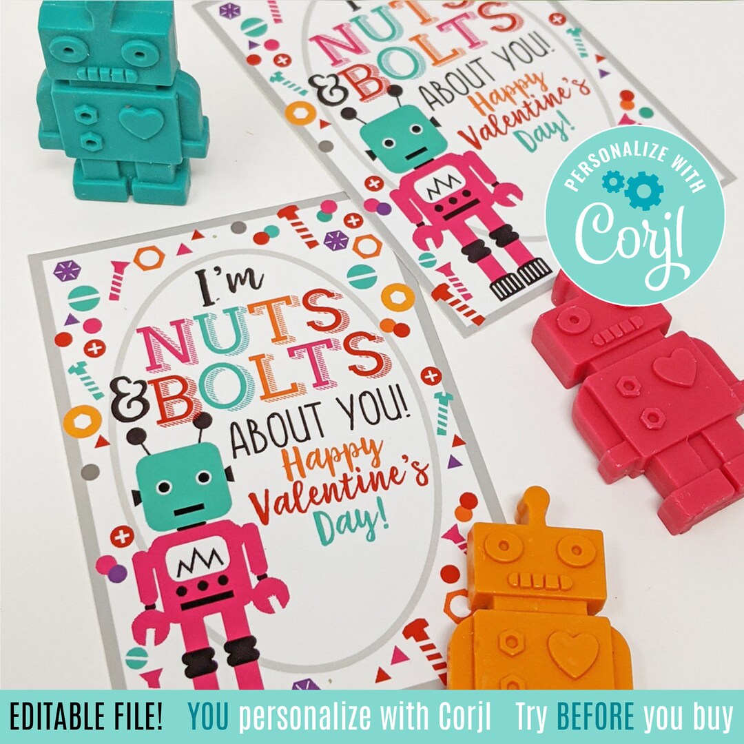 Editable Robot Valentine's Day Printable Tags Nuts & Bolts About You ...