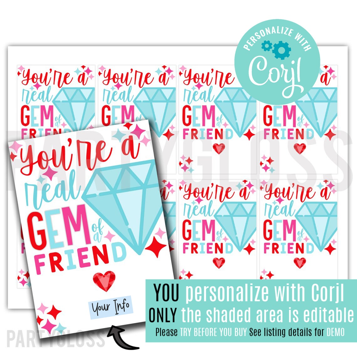 Editable Gem of a Friend Printable Party Favor Tags | Gem Ring ...