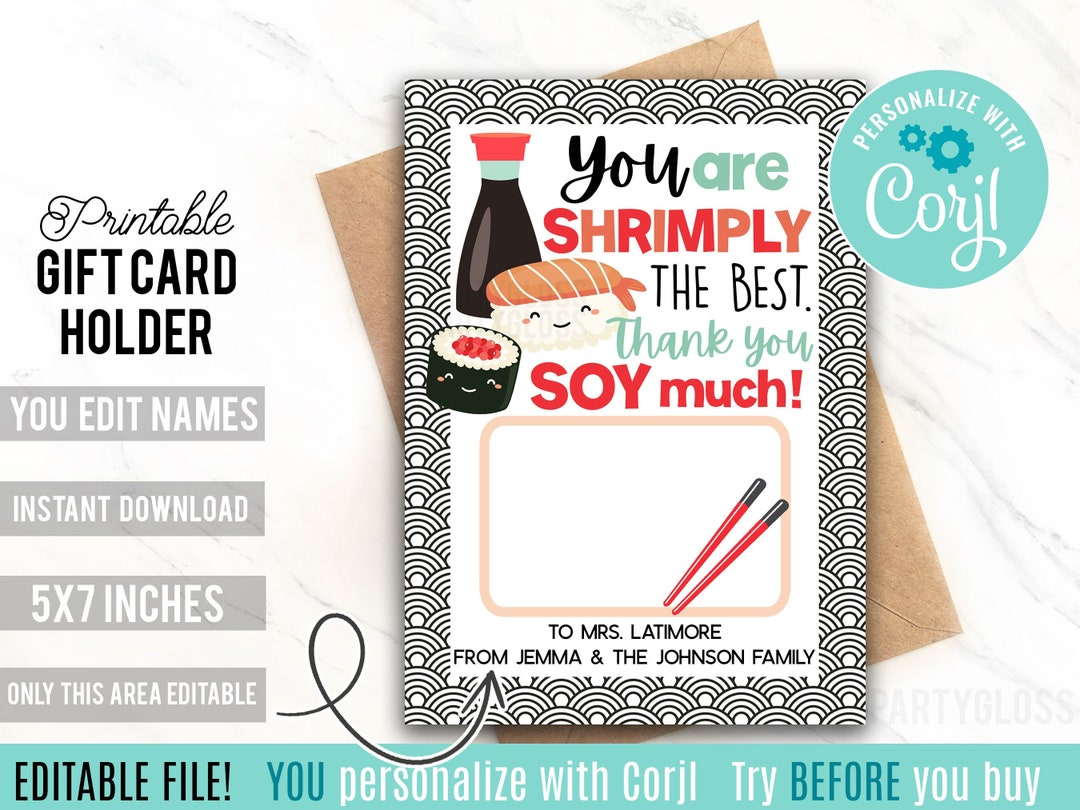Editable Sushi Appreciation Printable Gift Card Holder Roll You Are ...