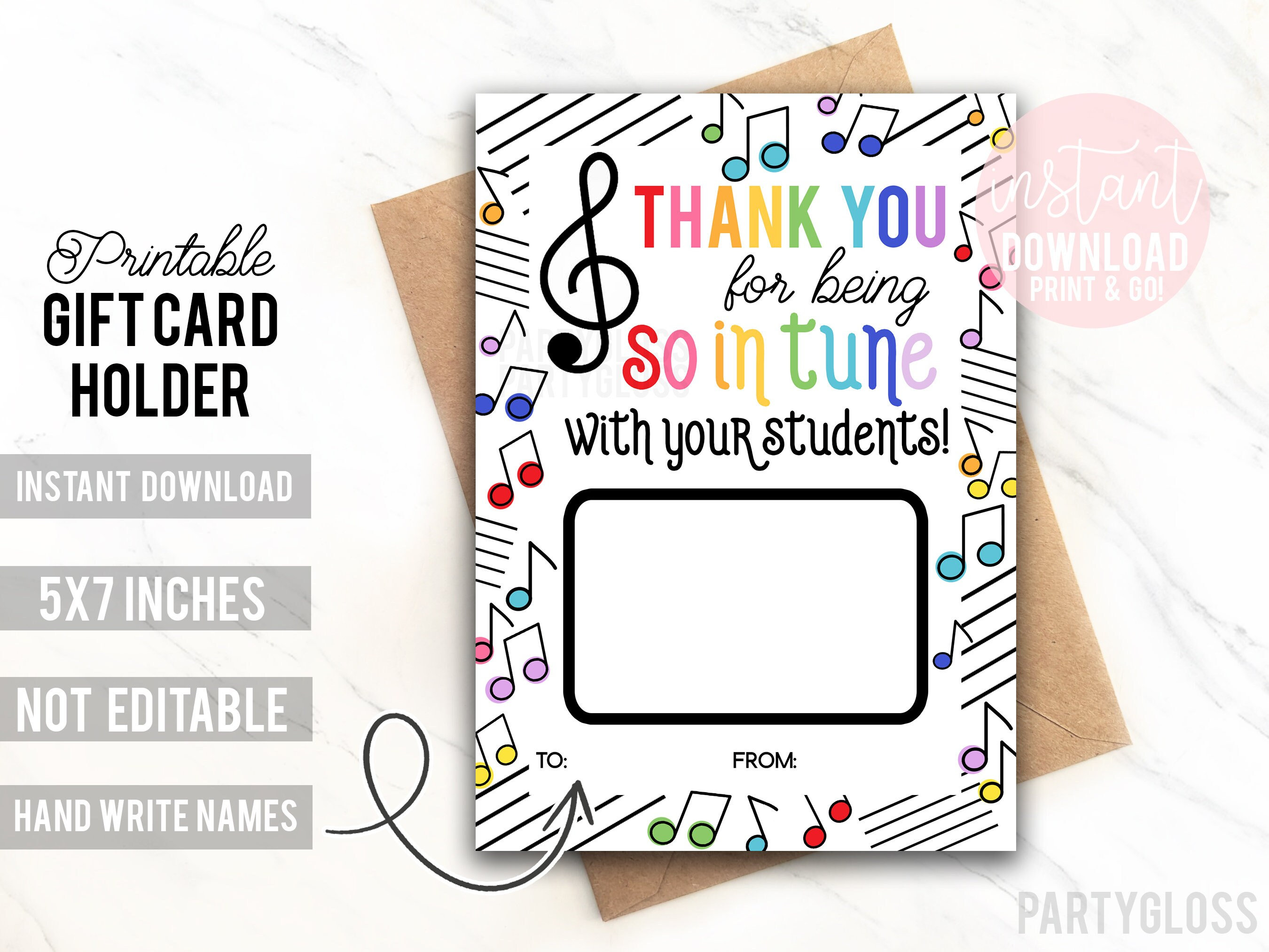 Music Teacher Appreciation Printable Gift Card Holder Thank - Etsy