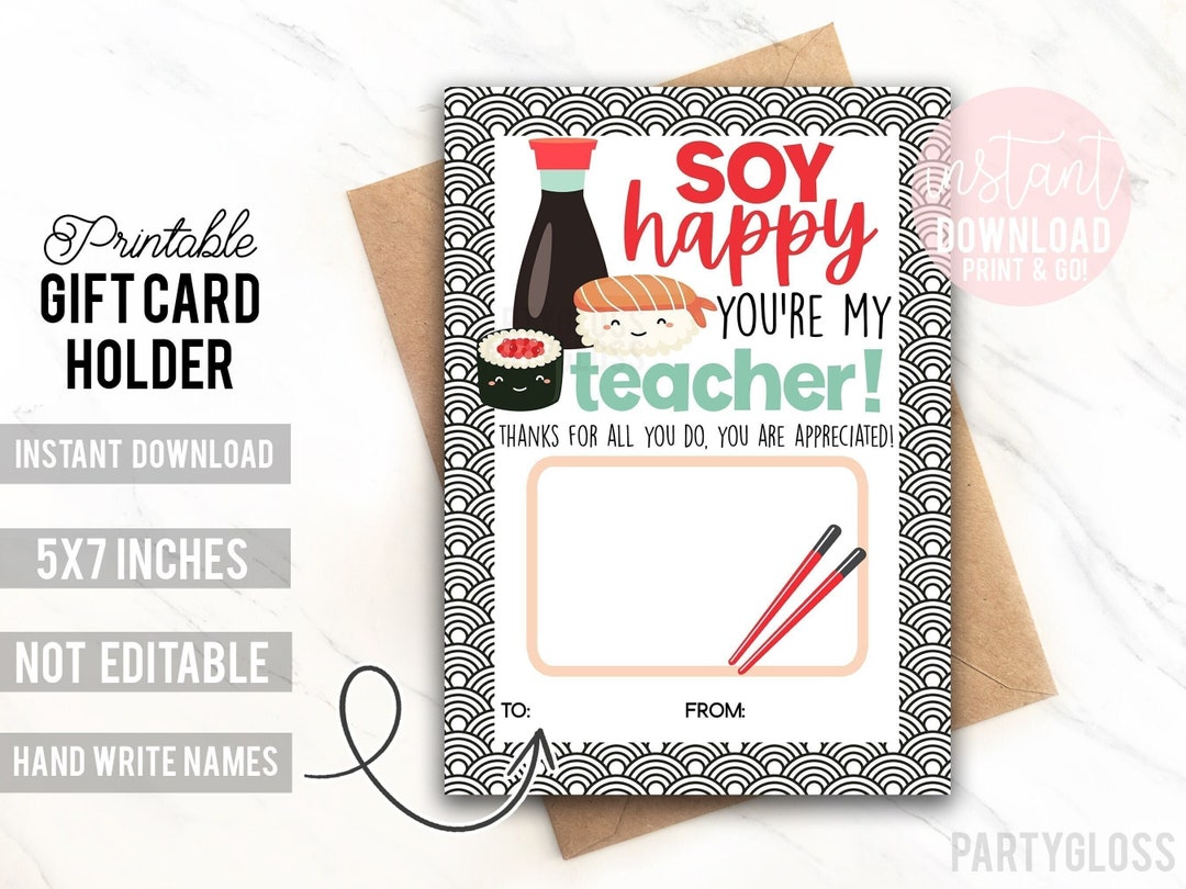 Teacher Appreciation Printable Gift Card Holder Sushi Roll Thank You ...
