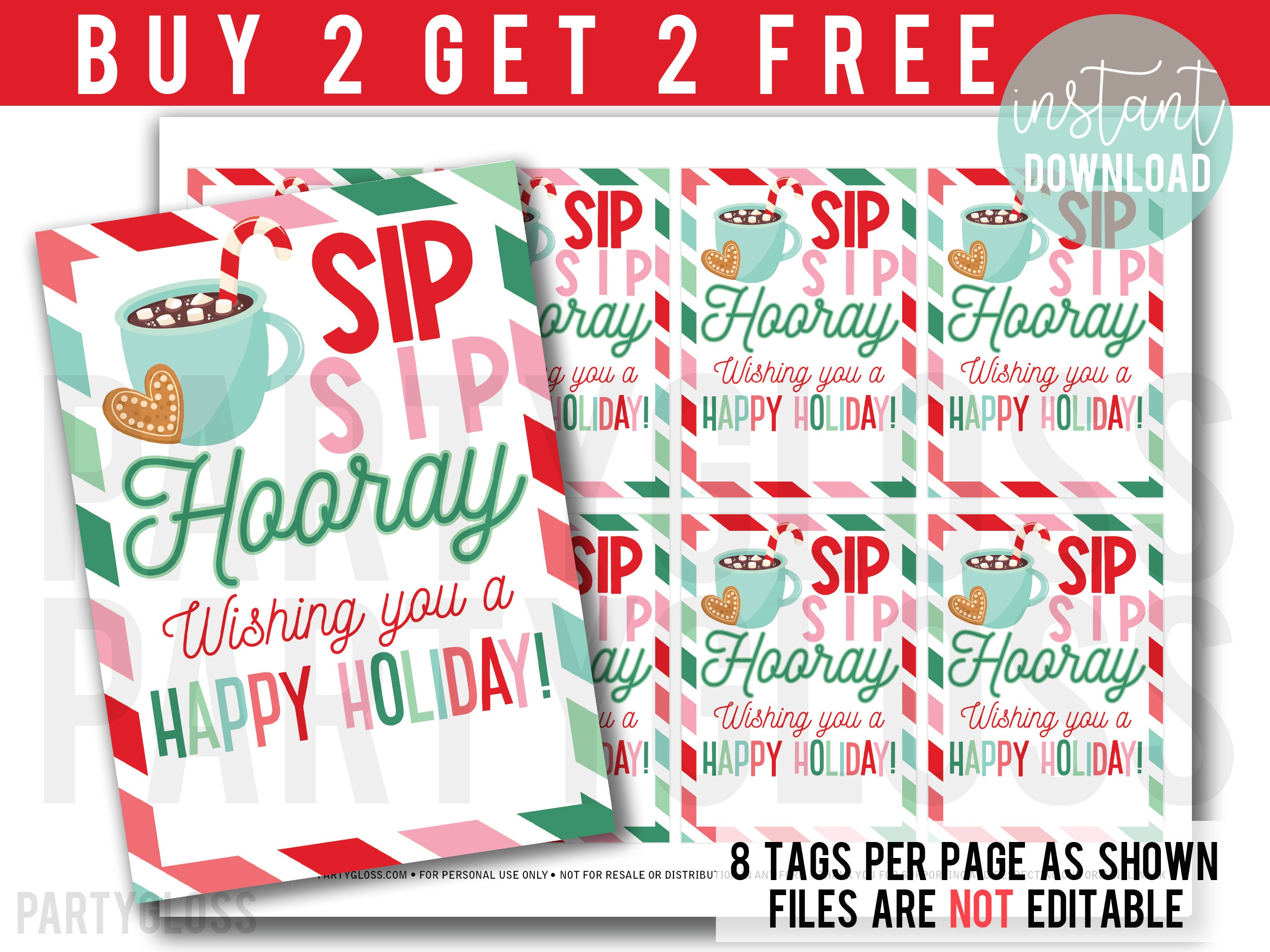 Sip Sip Hooray Holiday Printable Hot Cocoa Tags, Christmas Hot ...