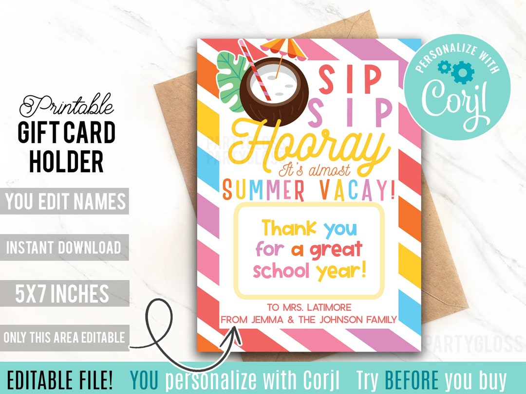 Editable End of the Year Printable Gift Card Holder Teacher ...