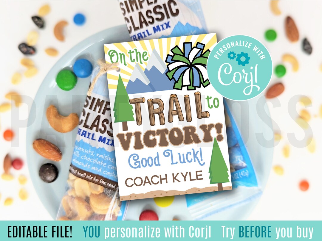 Editable Cheer Trail Mix Printable Gift Tags, on the Trail to Victory ...