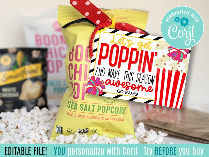 Editable Cheerleader Printable Tag | Microwave Popcorn Card | Cheer ...