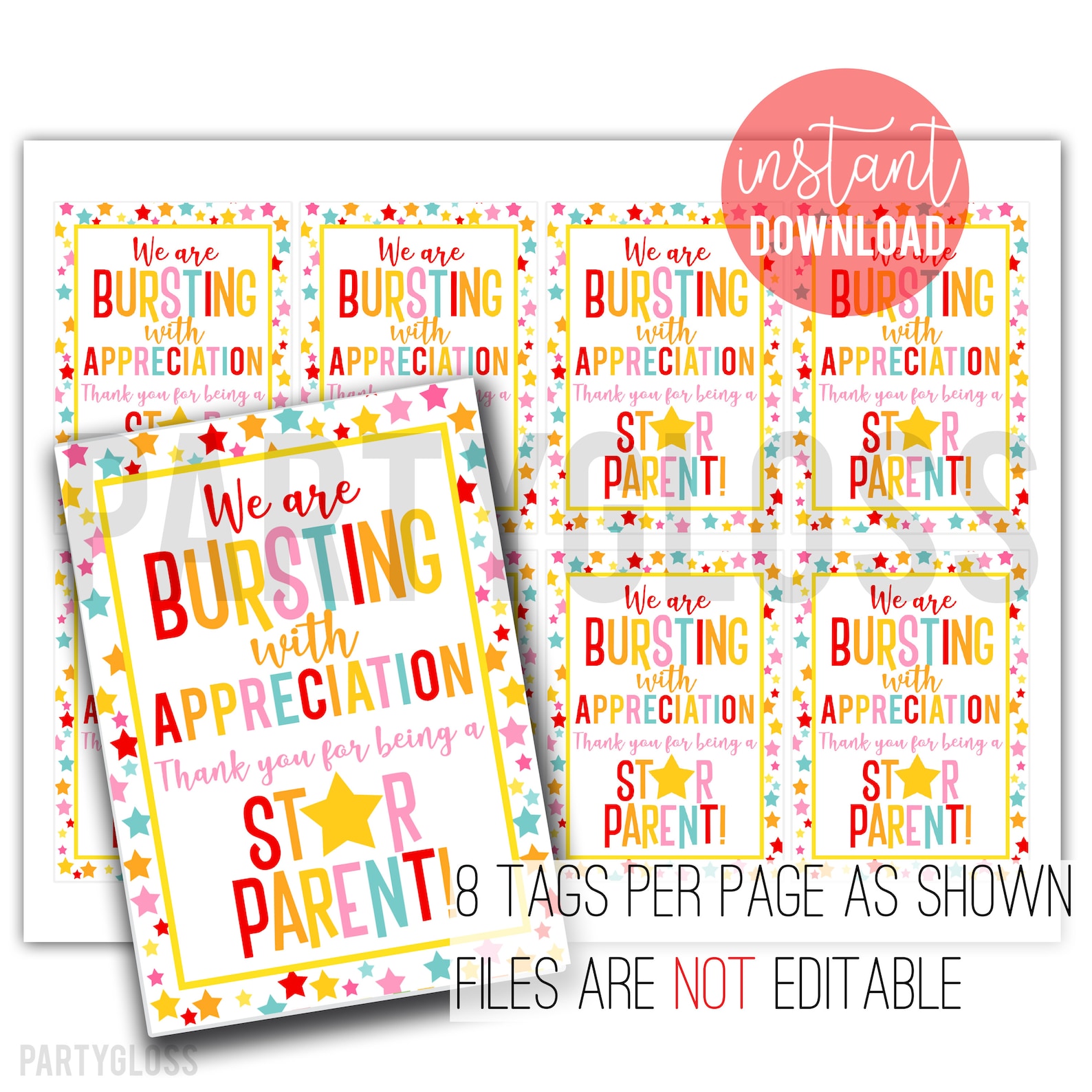 Star Parent Appreciation Printable Thank You Gift Tags, Candy Bursting ...