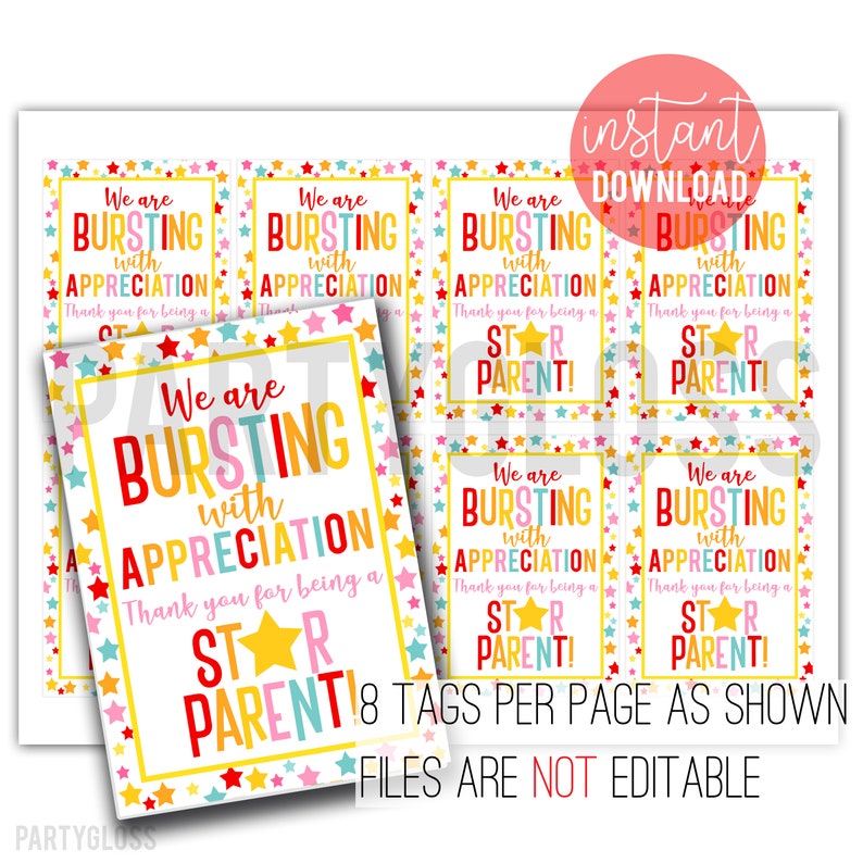 Star Parent Appreciation Printable Thank You Gift Tags, Candy Bursting ...