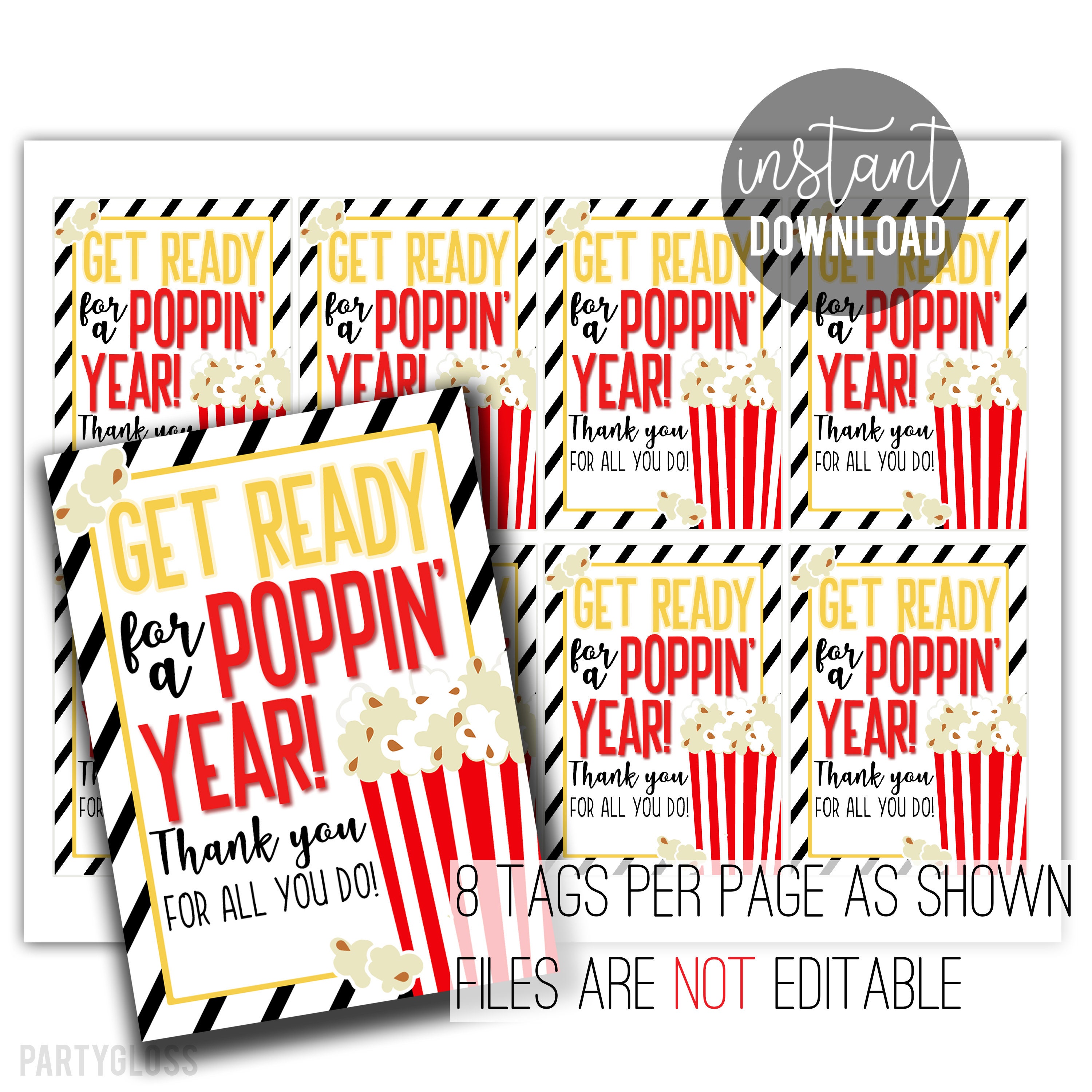 Get Ready for A Poppin' Year Printable Gift Tags, New Years Popcorn Tag ...