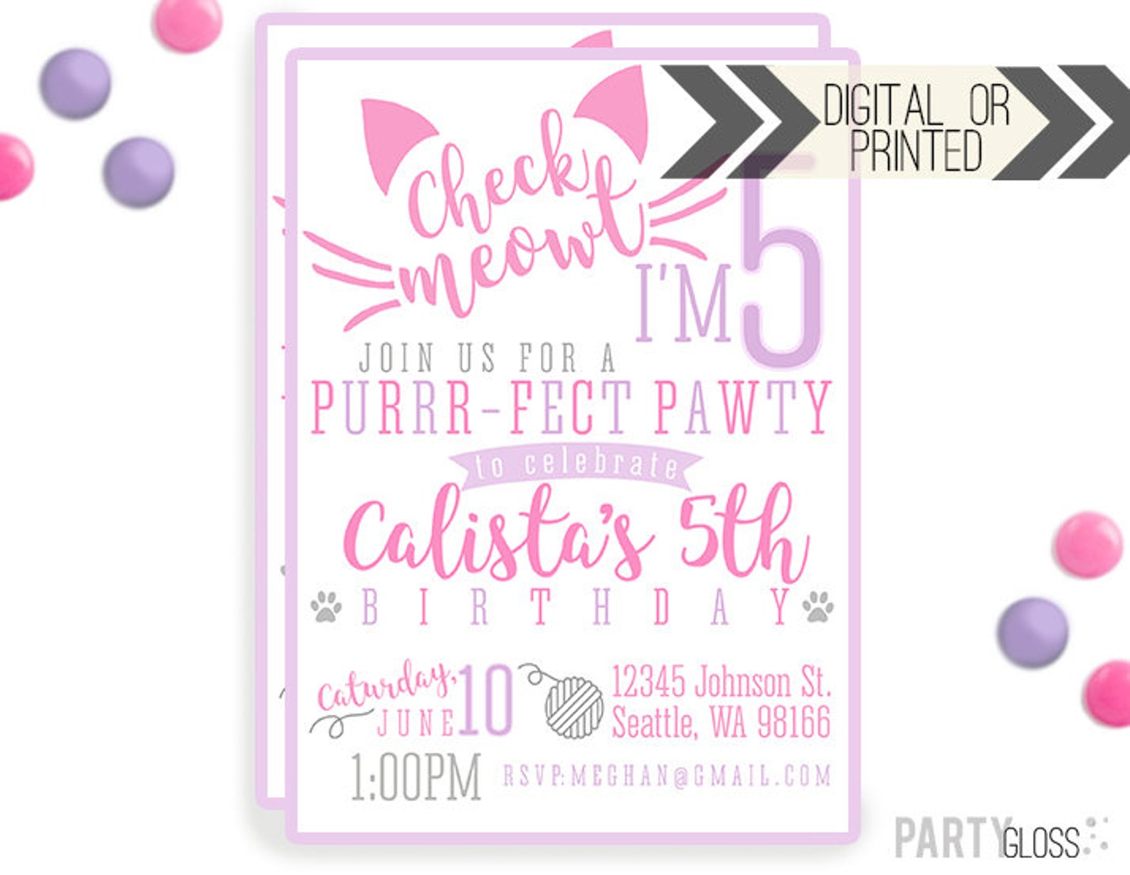 Cat Invitation Digital or Printed Kitty Cat Invitation | Etsy