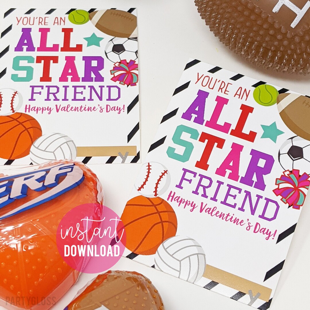 Sports Valentine's Day Printable Tags All Star Friend Cheer Basketball ...