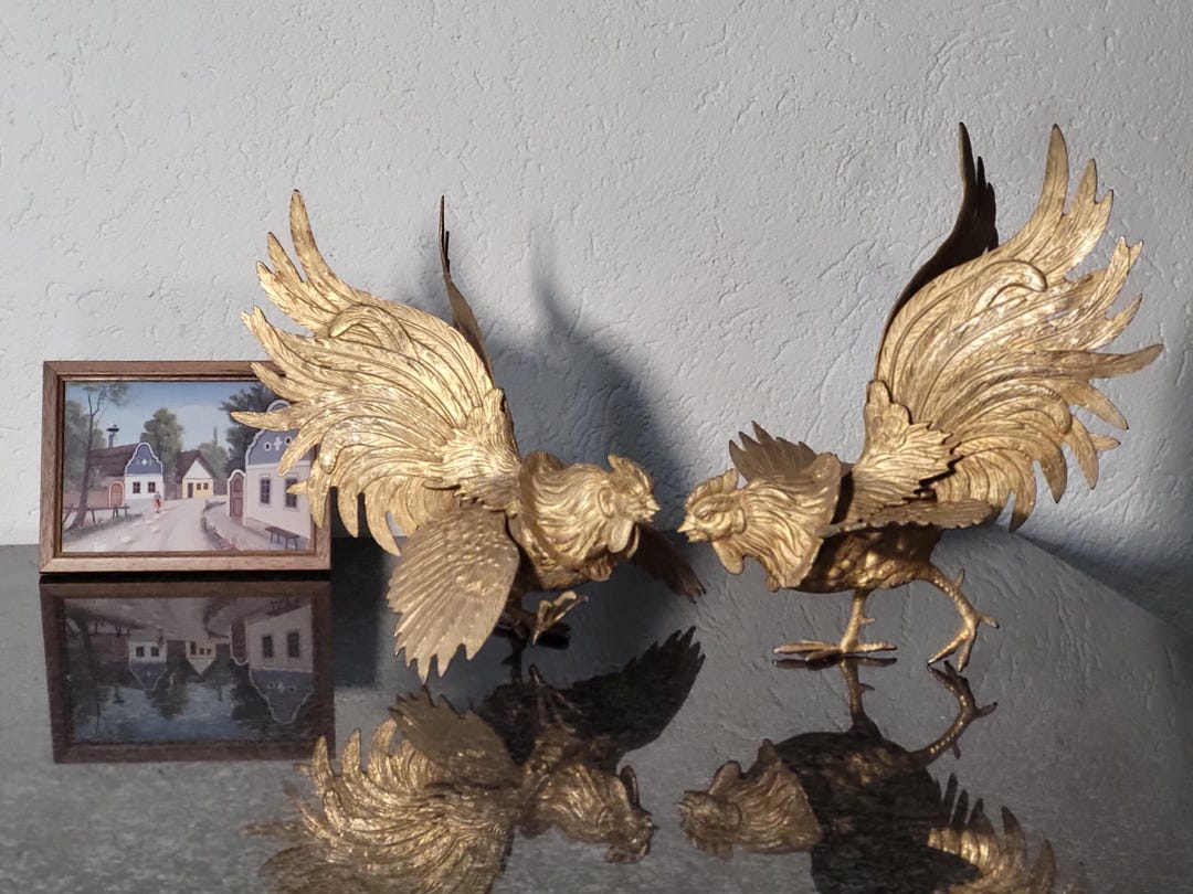 Large Vintage Brass Fighting Roosters – 1960s–70s Mid Century Handmade ...