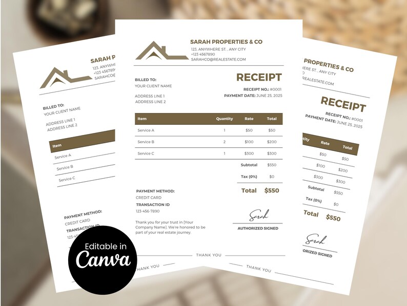 Editable Real Estate Receipt Template | Canva Realtor Invoice (PDF) - Etsy
