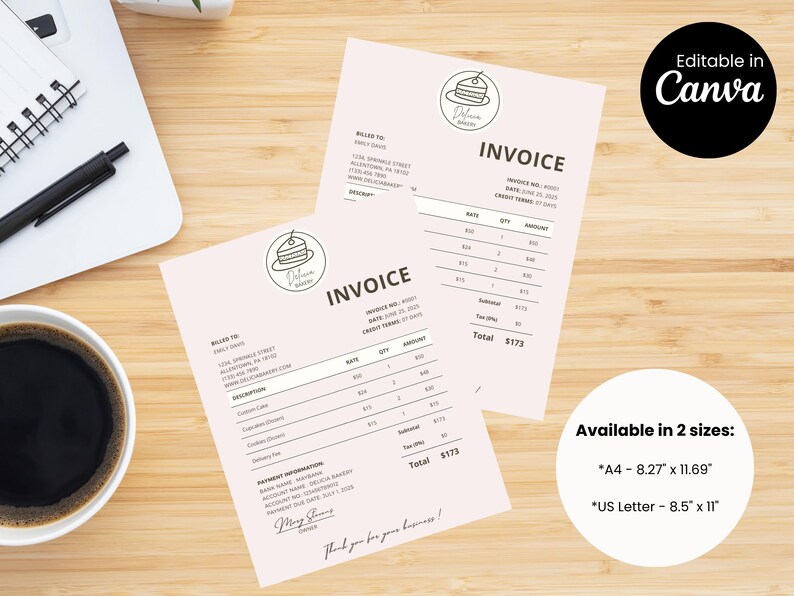 Editable Bakery Invoice Template | Canva Receipt (PDF) - Etsy