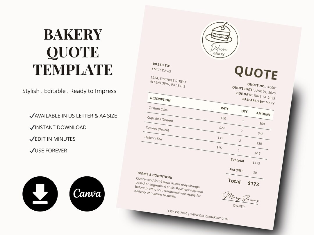 Buy Editable Bakery Quote Template: Canva Order Form (A4 & US Letter ...