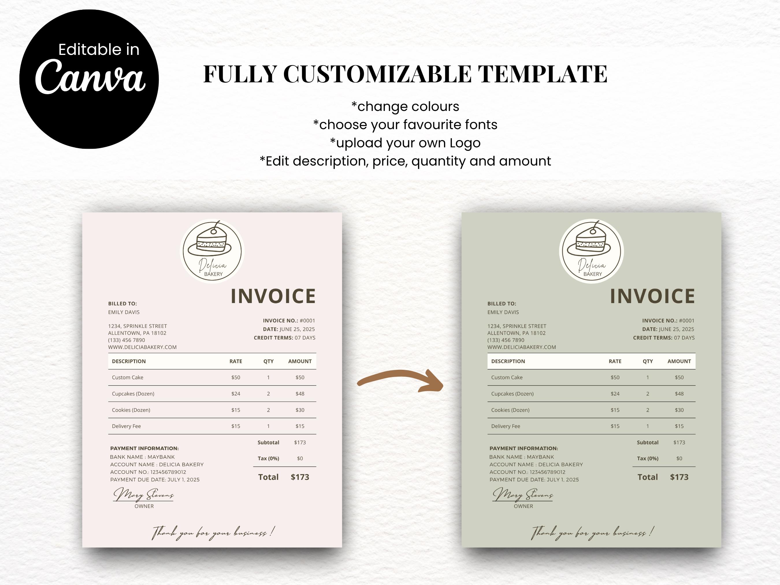 Editable Bakery Invoice Template | Canva Receipt (PDF) - Etsy