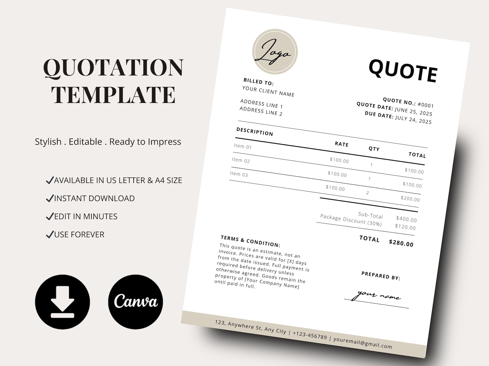 Editable Business Quotation Template: Minimalist Design, 3 Color ...