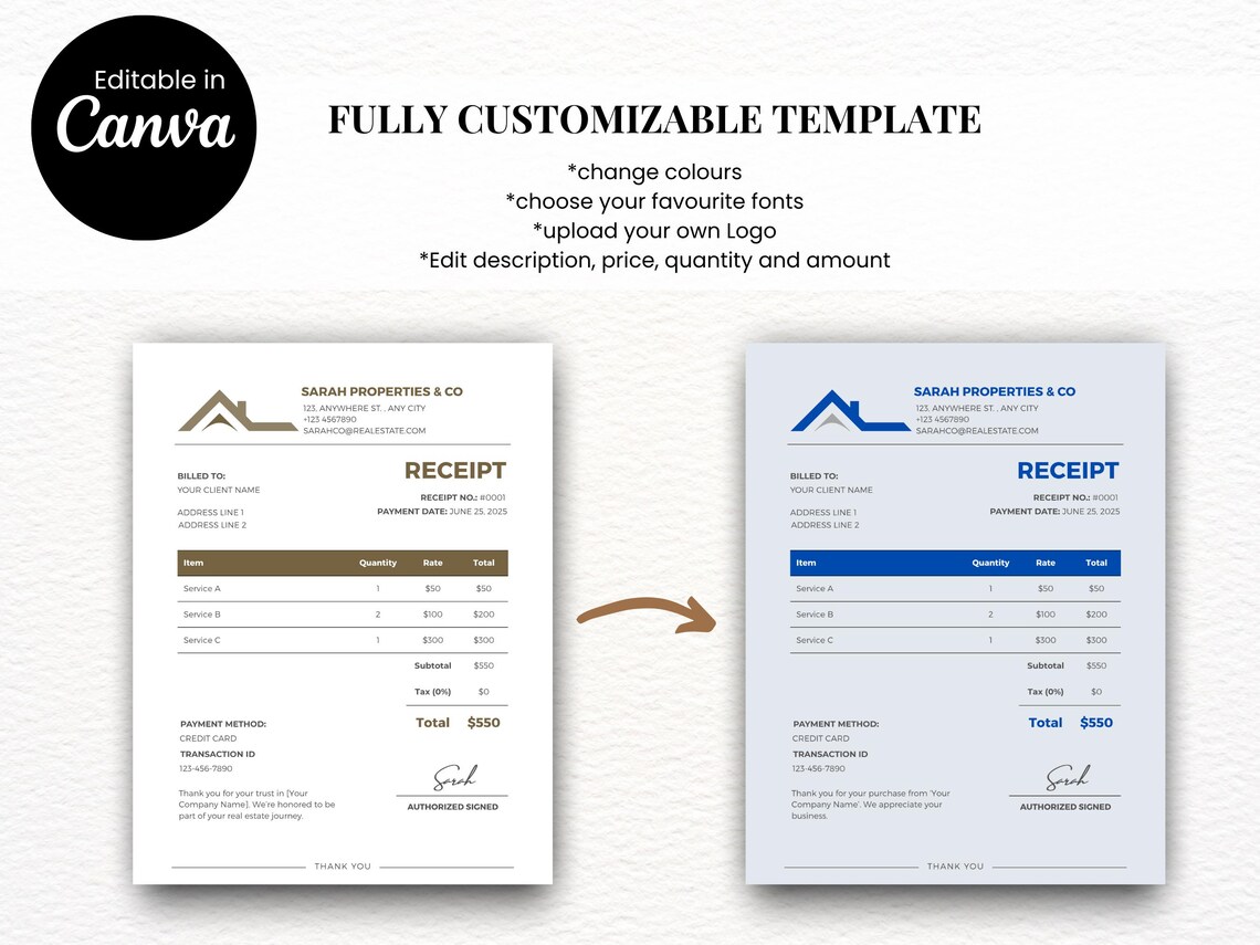 Editable Real Estate Receipt Template | Canva Realtor Invoice (PDF) - Etsy
