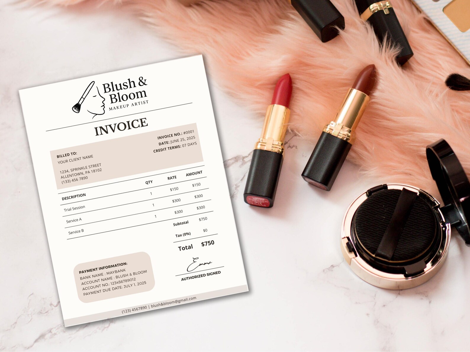 Blush Pink Makeup Artist Invoice Template: Editable Canva Design ...