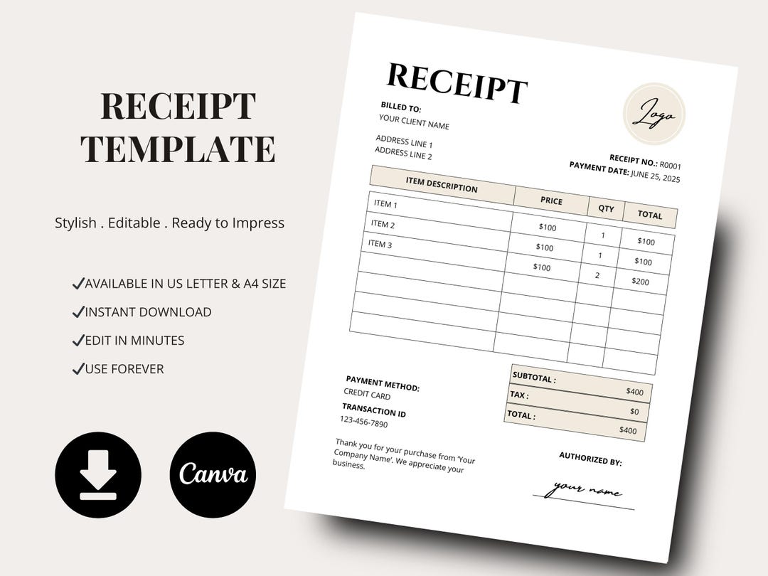 Editable Receipt Template | Minimalist Business Invoice (canva, PDF ...