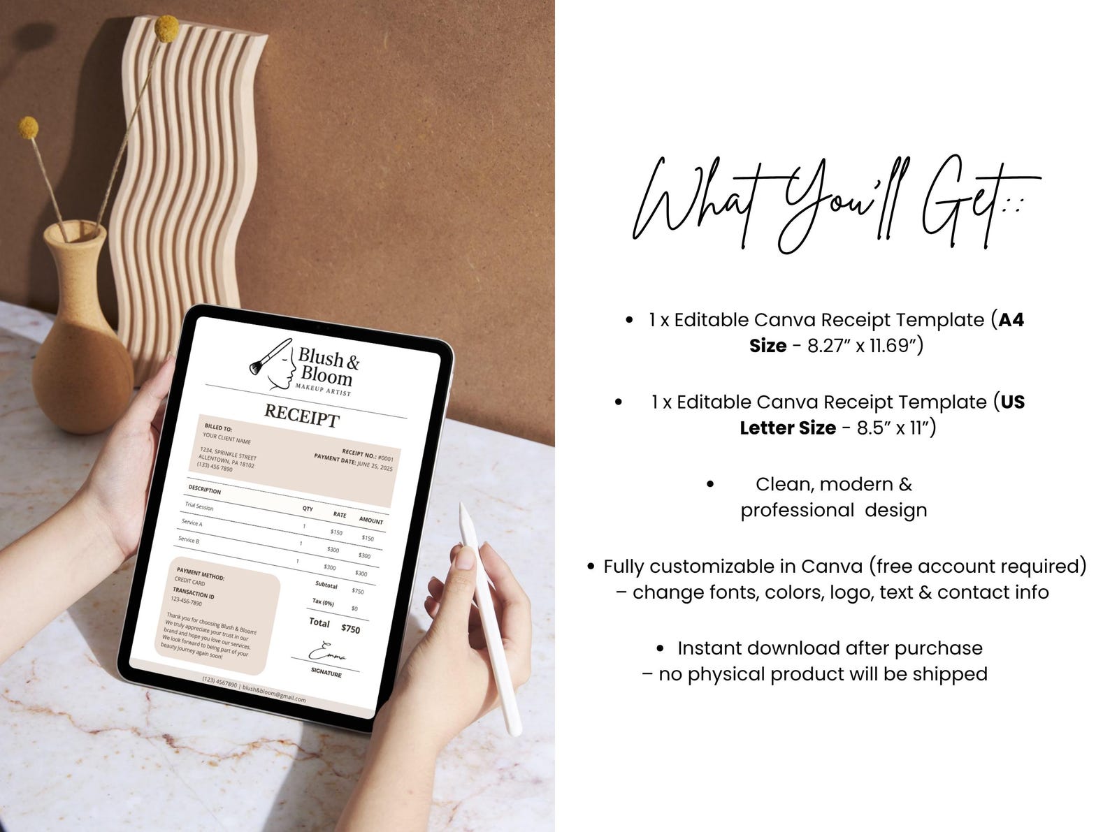 Editable MUA Receipt Template | Pink Aesthetic Billing Form (canva) - Etsy