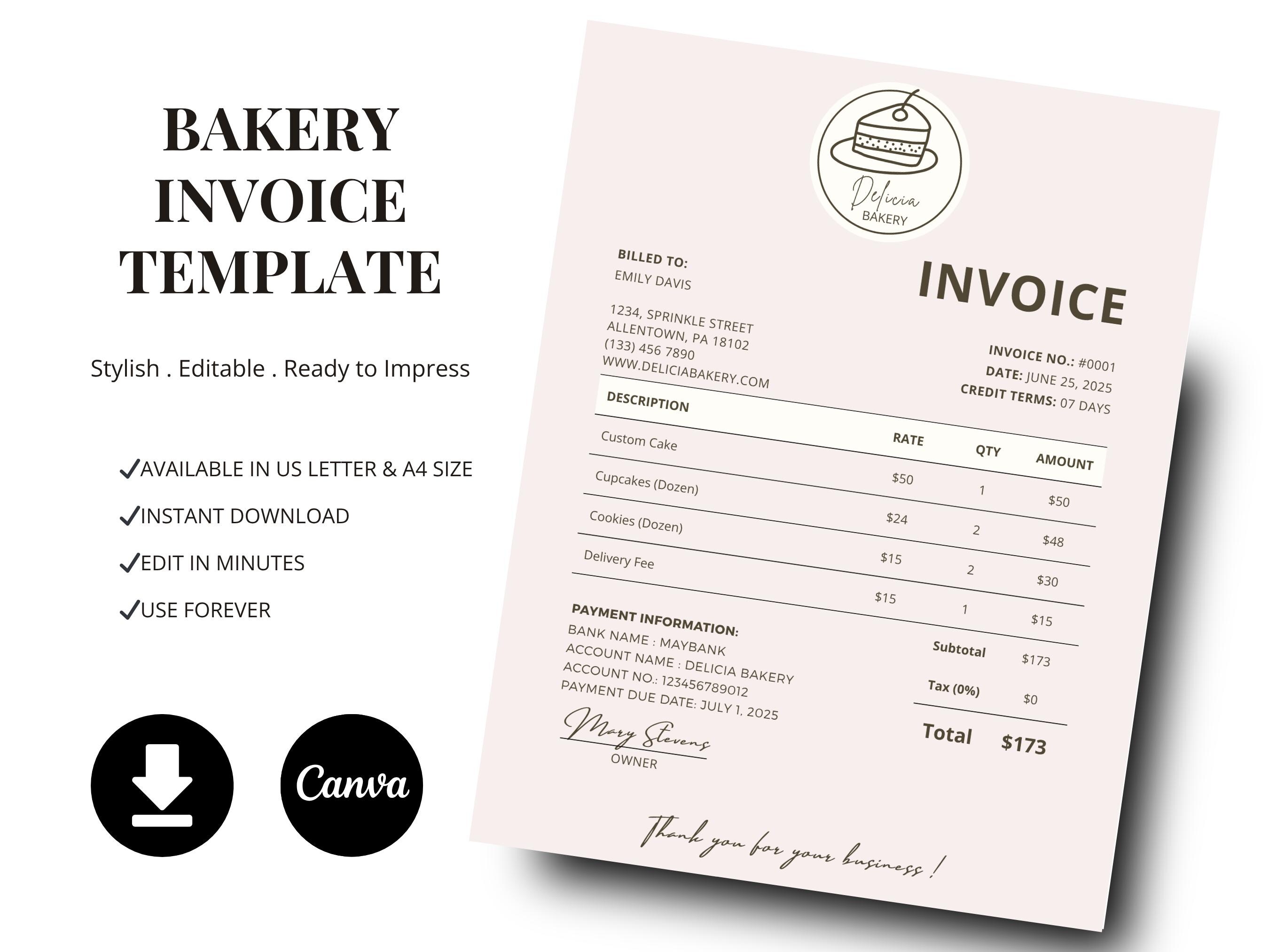 Editable Bakery Invoice Template | Canva Receipt (PDF) - Etsy