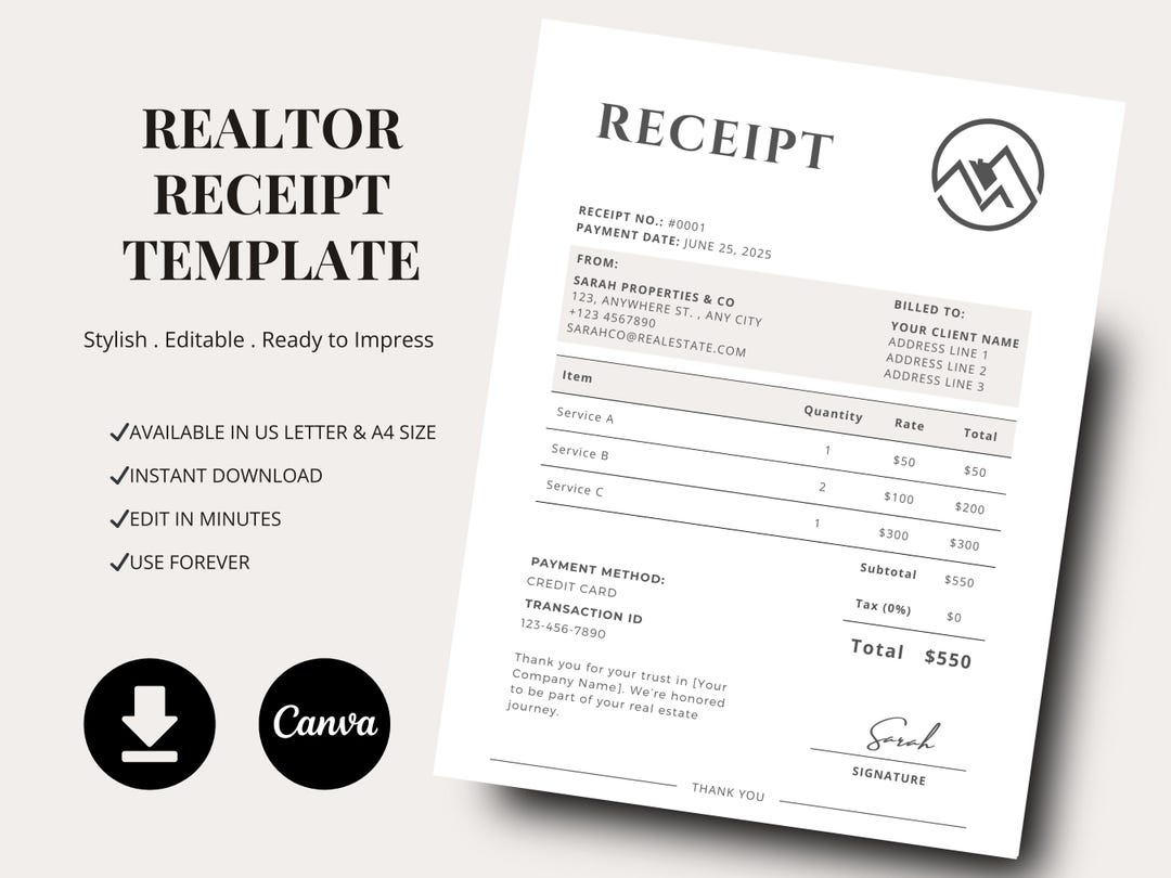 Editable Realtor Receipt Template: Neutral Minimalist Design (canva, A4 ...