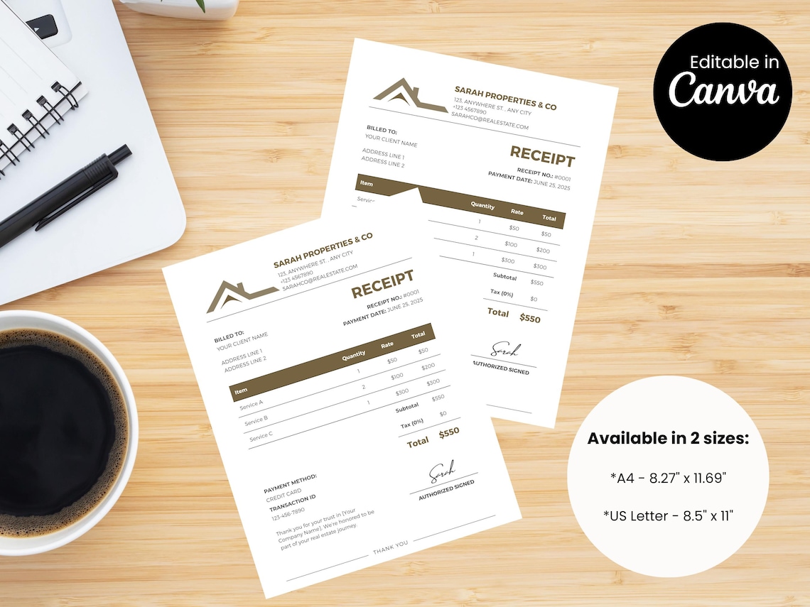 Editable Real Estate Receipt Template | Canva Realtor Invoice (PDF) - Etsy