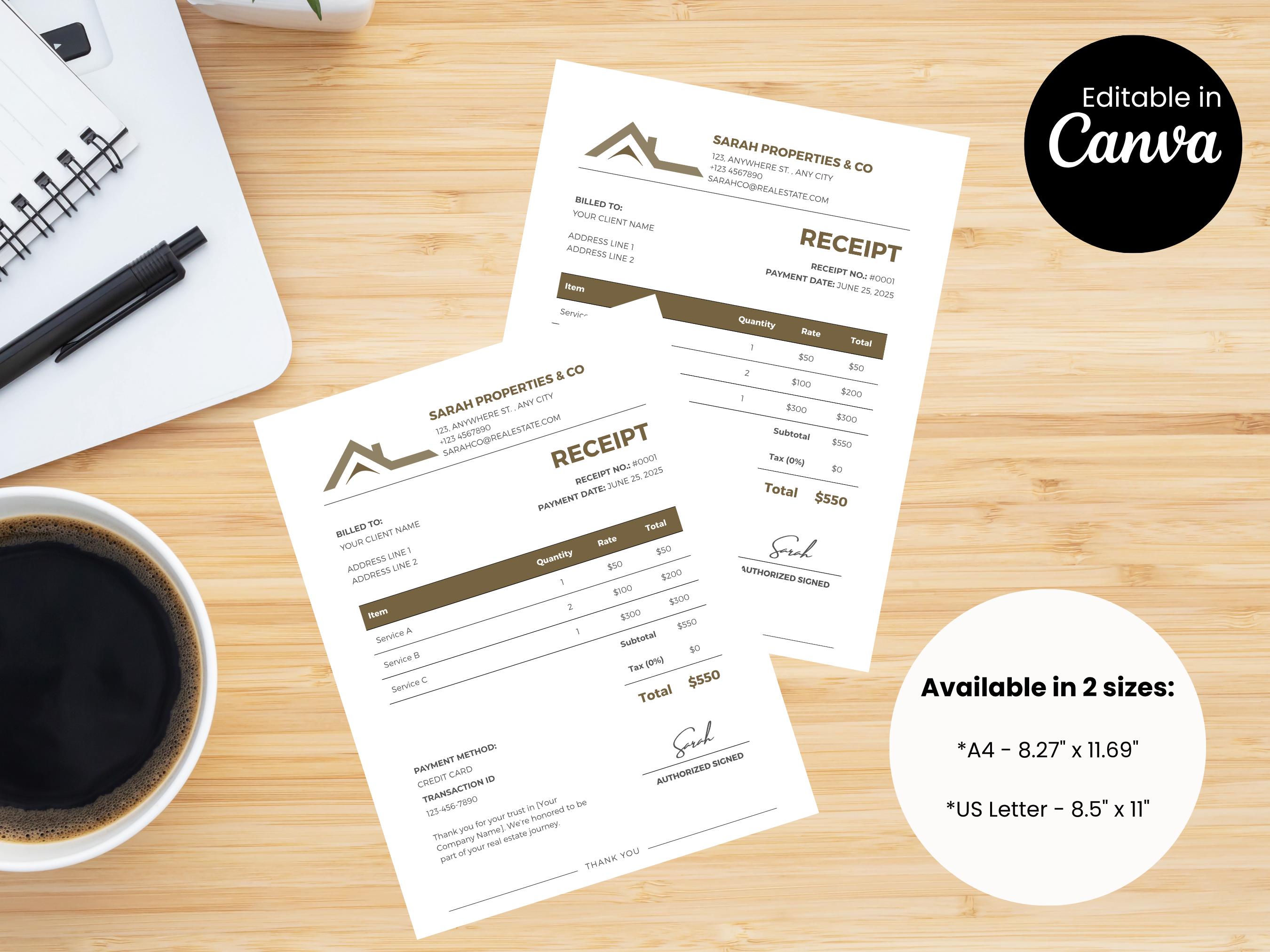 Editable Real Estate Receipt Template | Canva Realtor Invoice (PDF) - Etsy