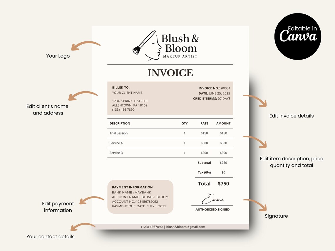 Blush Pink Makeup Artist Invoice Template: Editable Canva Design ...