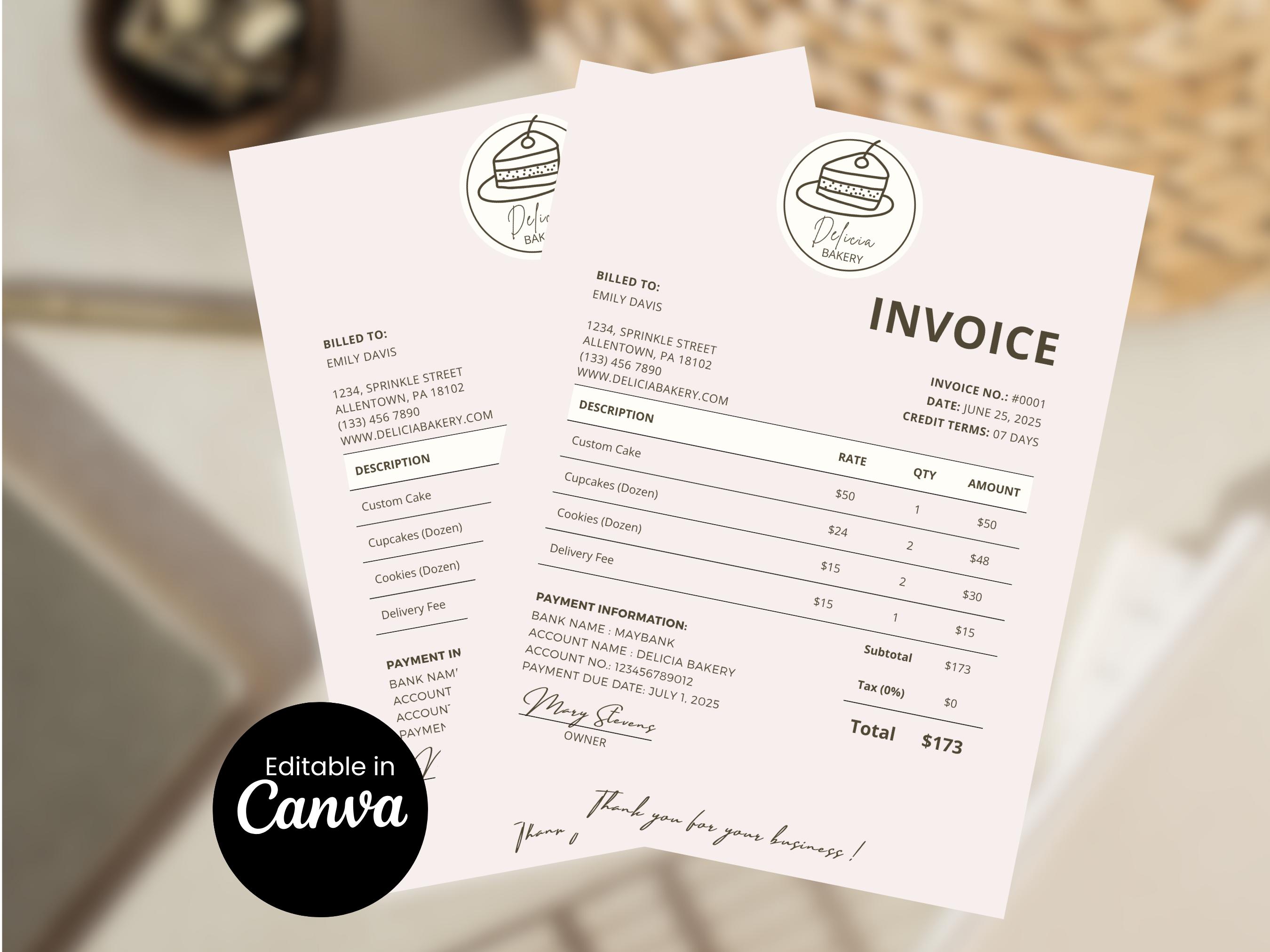 Editable Bakery Invoice Template | Canva Receipt (PDF) - Etsy