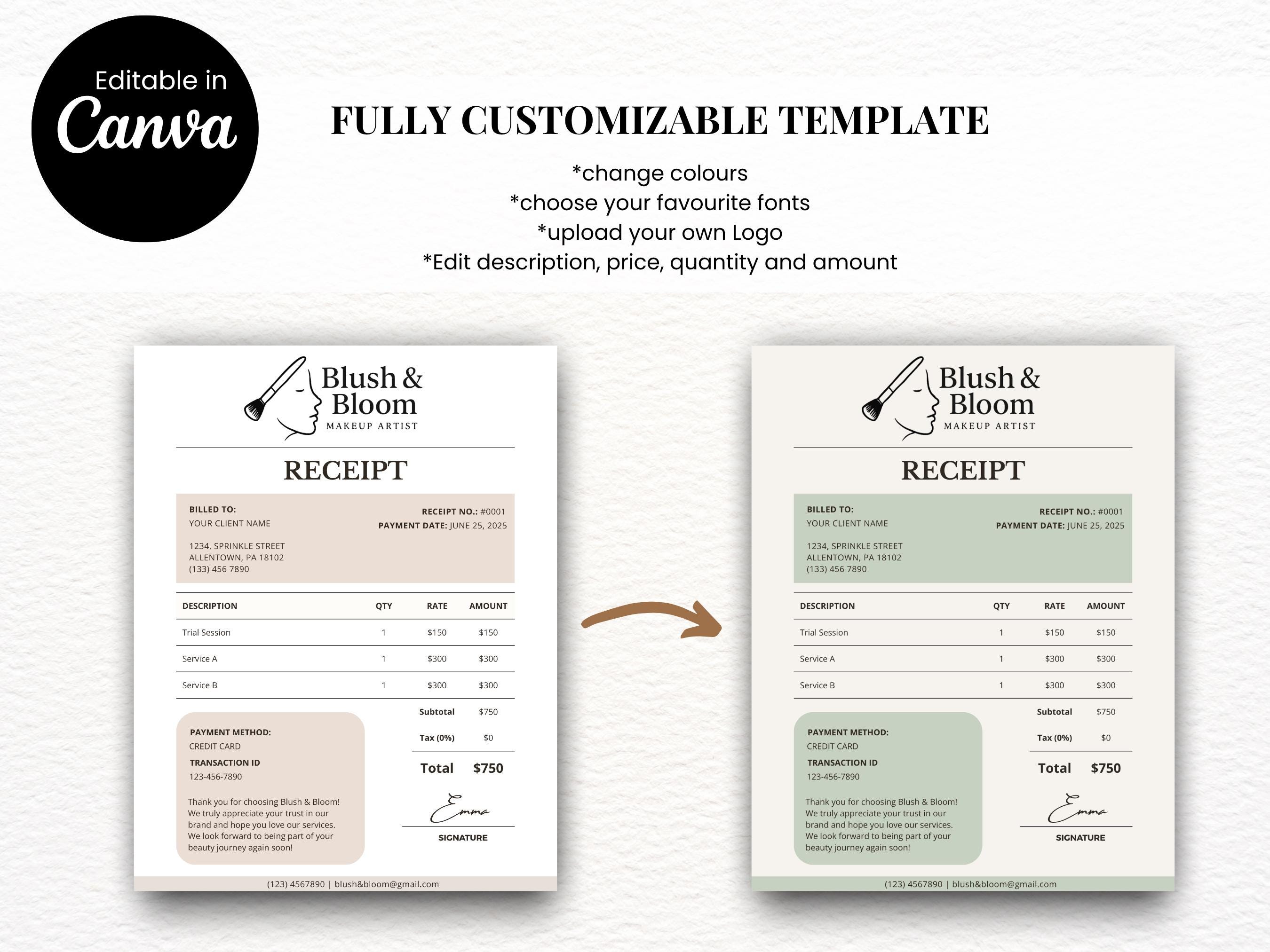 Editable MUA Receipt Template | Pink Aesthetic Billing Form (canva) - Etsy