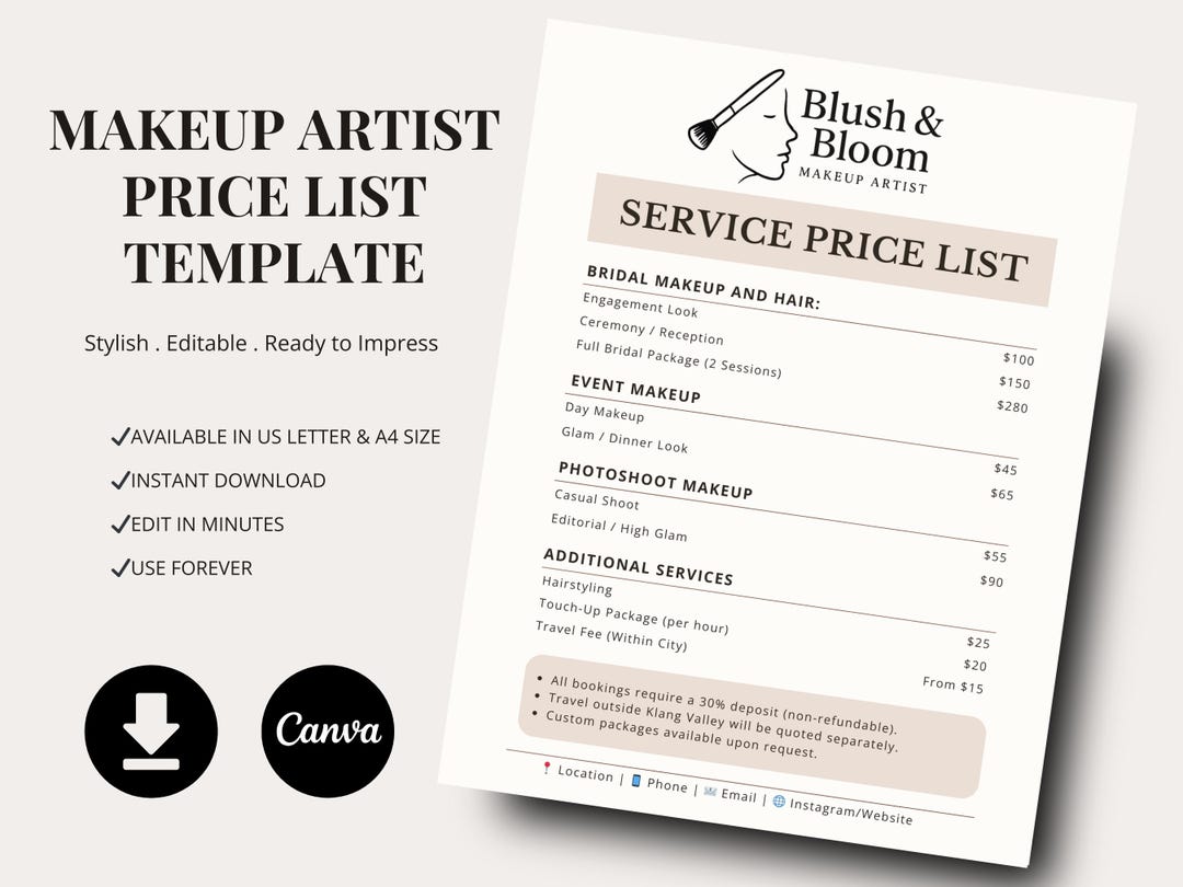 Blush Pink Makeup Artist Price List Template: Editable Canva Design ...