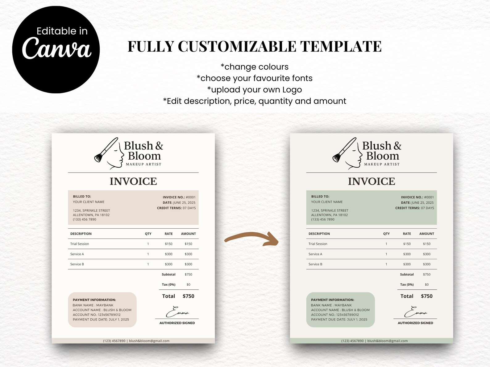 Blush Pink Makeup Artist Invoice Template: Editable Canva Design ...
