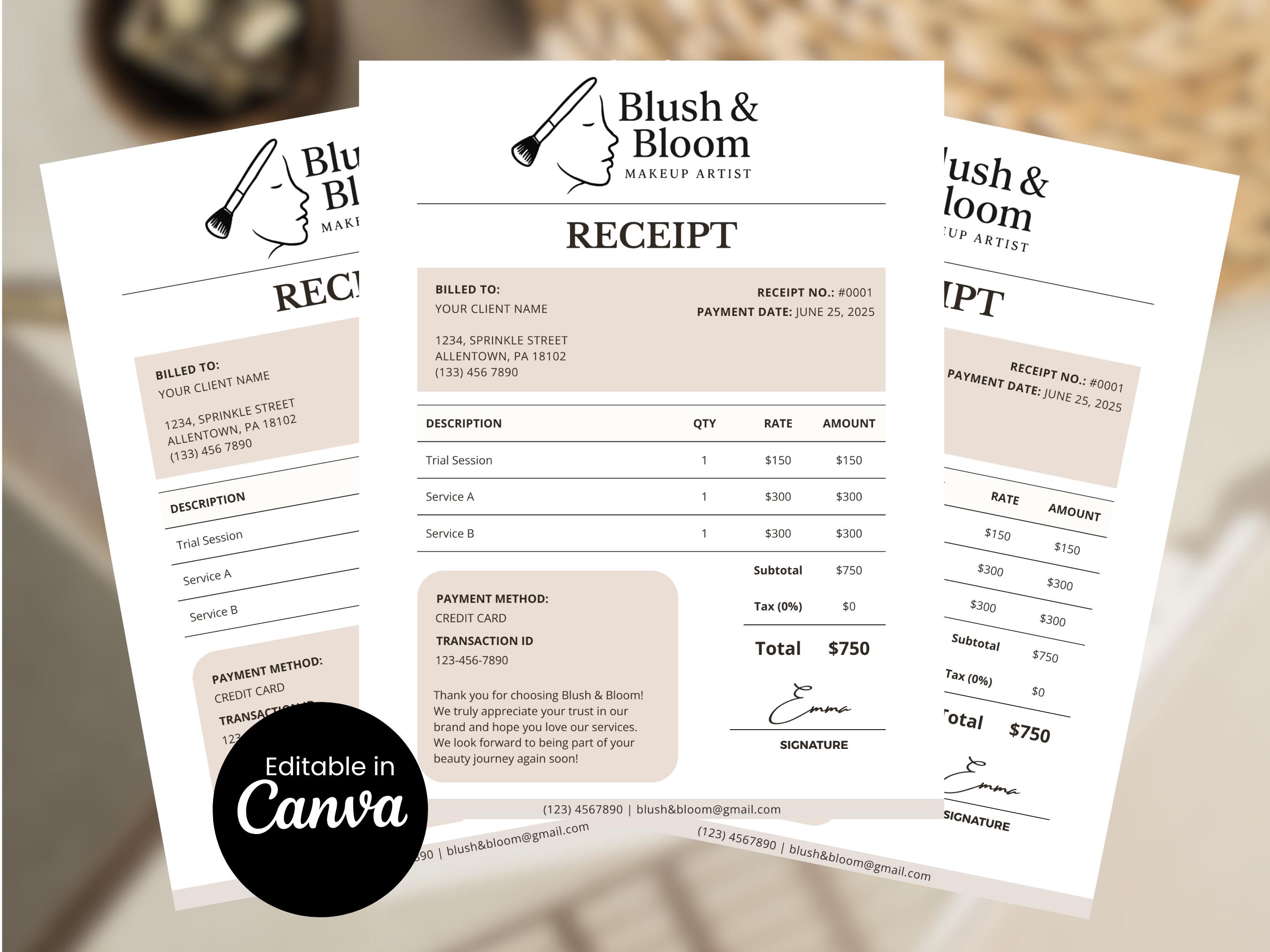 Editable MUA Receipt Template | Pink Aesthetic Billing Form (canva) - Etsy