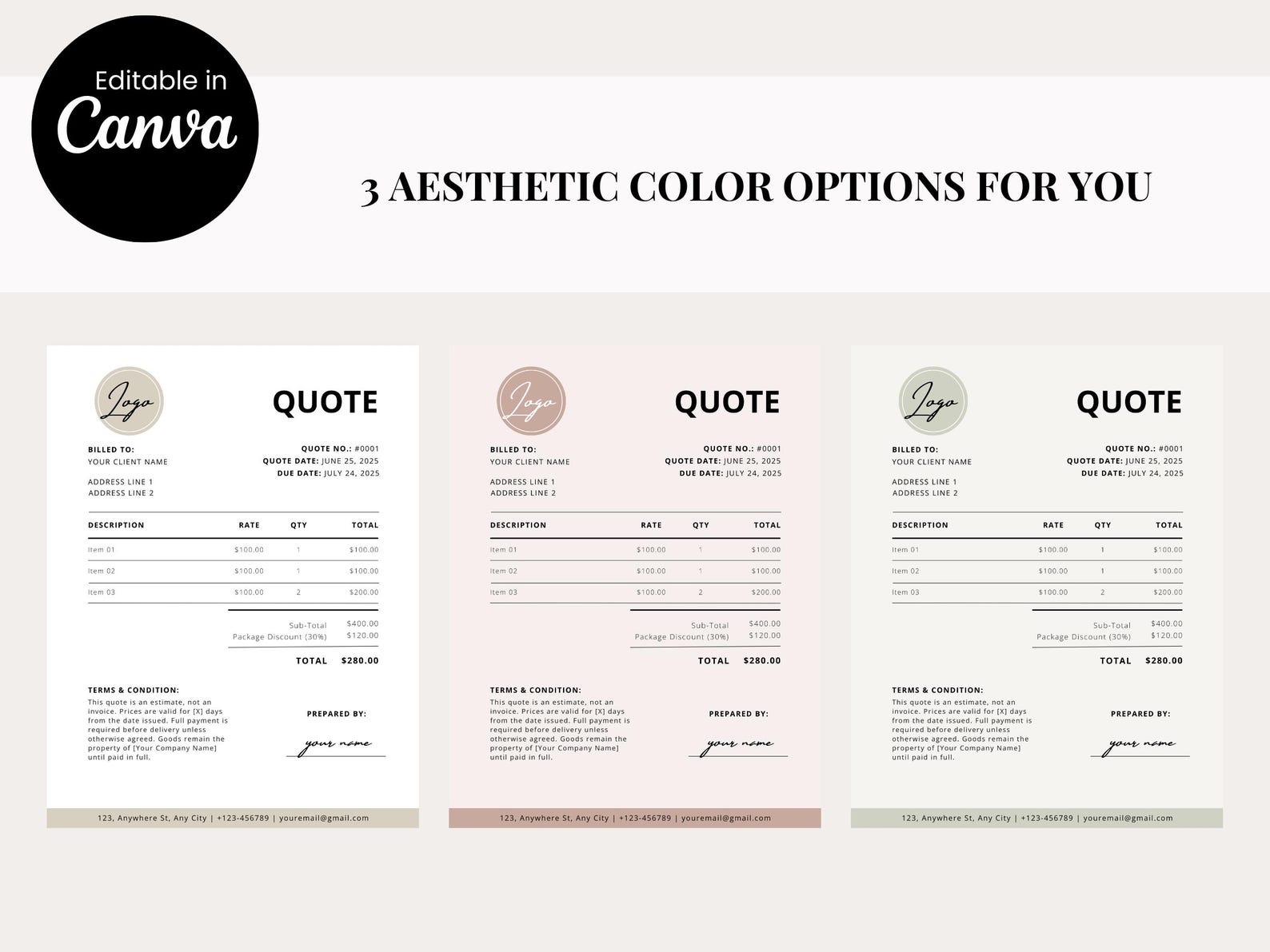 Editable Business Quotation Template: Minimalist Design, 3 Color ...