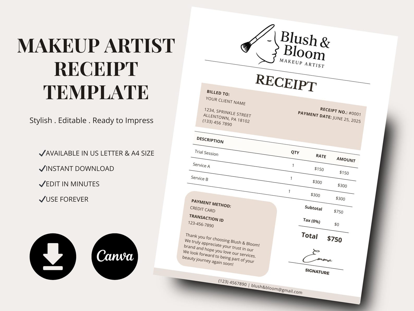 Editable MUA Receipt Template | Pink Aesthetic Billing Form (canva) - Etsy