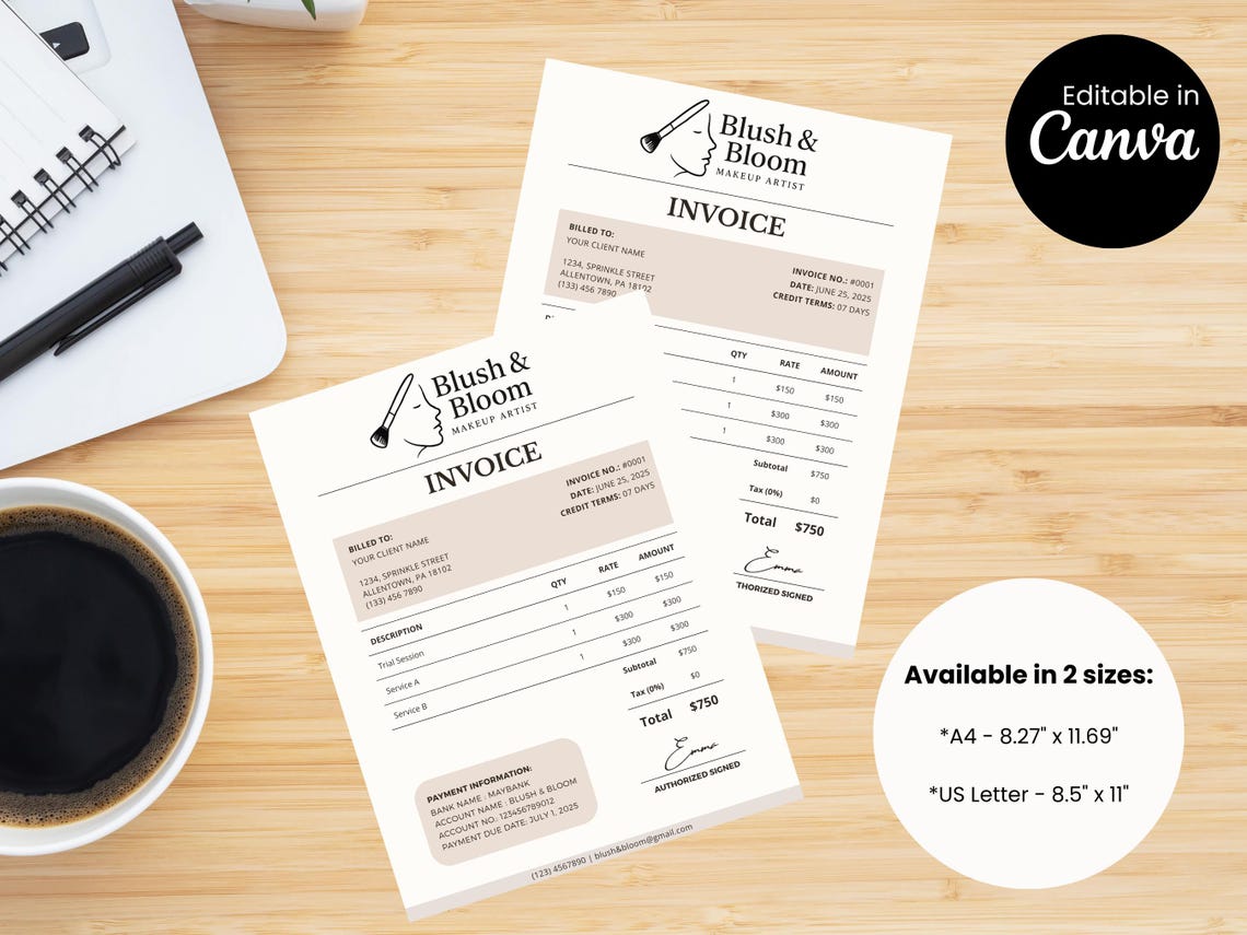 Blush Pink Makeup Artist Invoice Template: Editable Canva Design ...