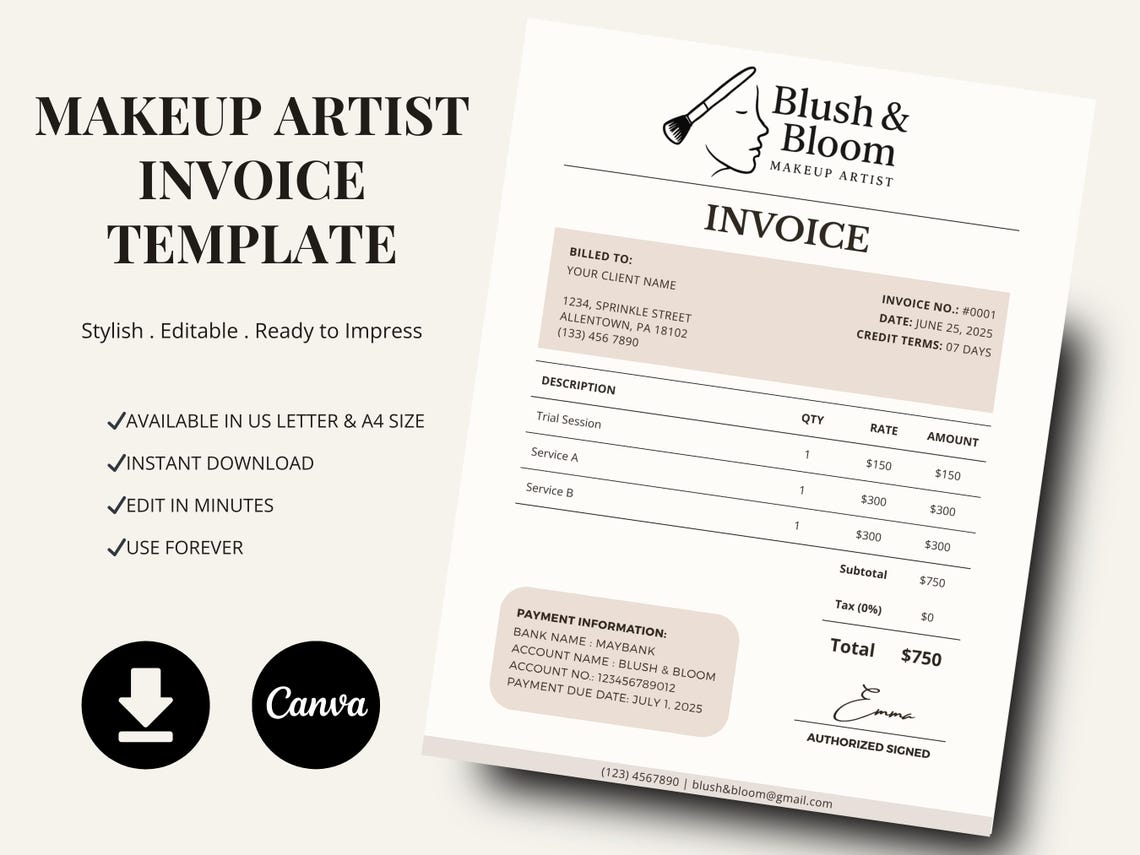 Blush Pink Makeup Artist Invoice Template: Editable Canva Design ...