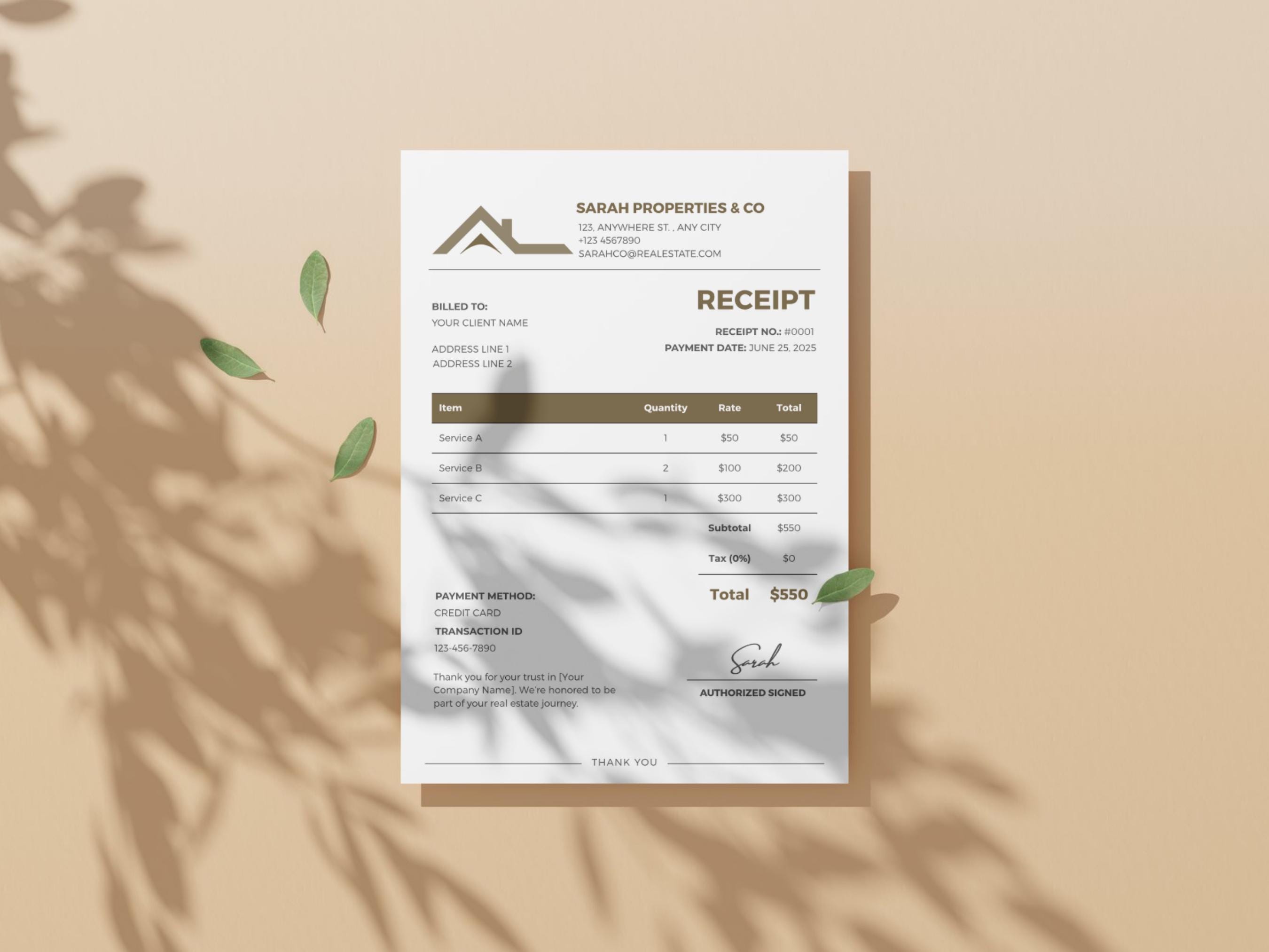 Editable Real Estate Receipt Template | Canva Realtor Invoice (PDF) - Etsy