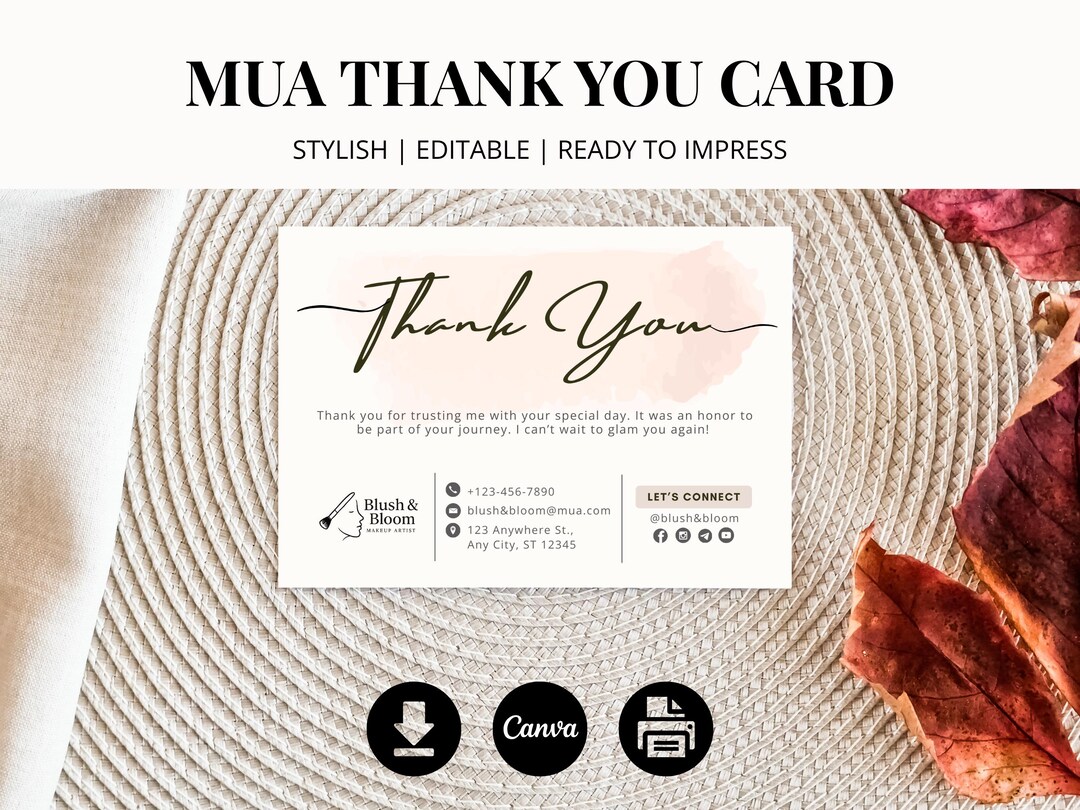 Editable MUA Thank You Card Template: Blush Pink Canva Design (A6 ...