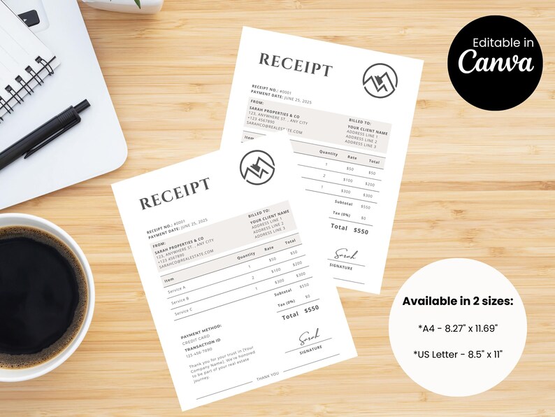 Editable Realtor Receipt Template: Neutral Minimalist Design (canva, A4 ...
