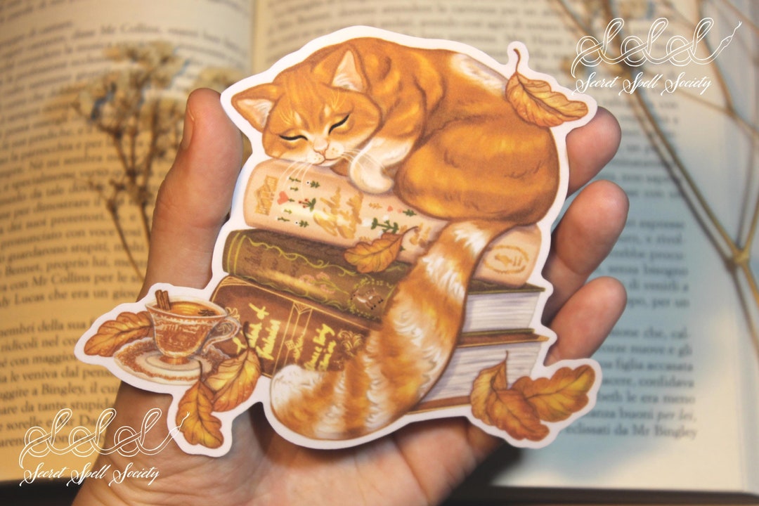 Cottagecore Sticker Bookish Cat Sticker Red Cat Napping on Classic ...