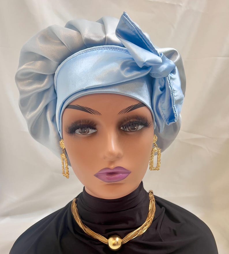 Reversible Silk Satin Bonnet for Sleep and Lounging Baby Blue Luxury ...