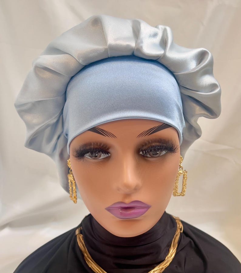 Reversible Silk Satin Bonnet for Sleep and Lounging Baby Blue Luxury ...