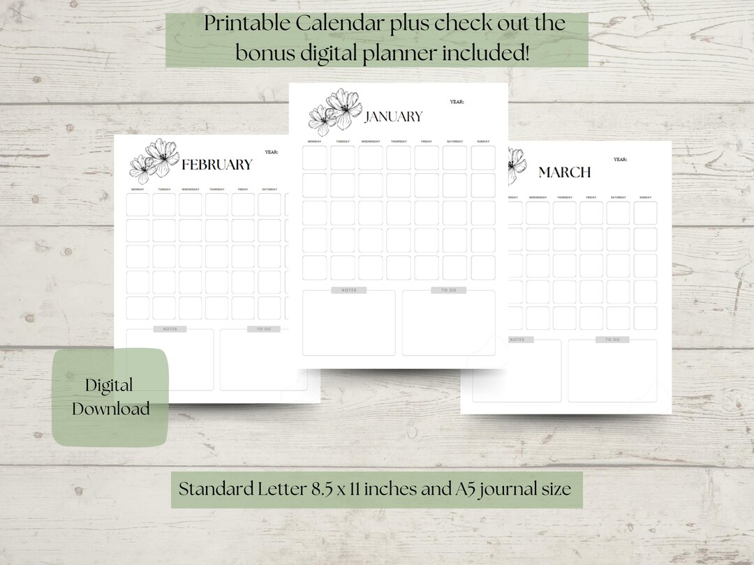 Monthly Printable Calendar & Digital Planner Bundle | 2024 Monthly ...