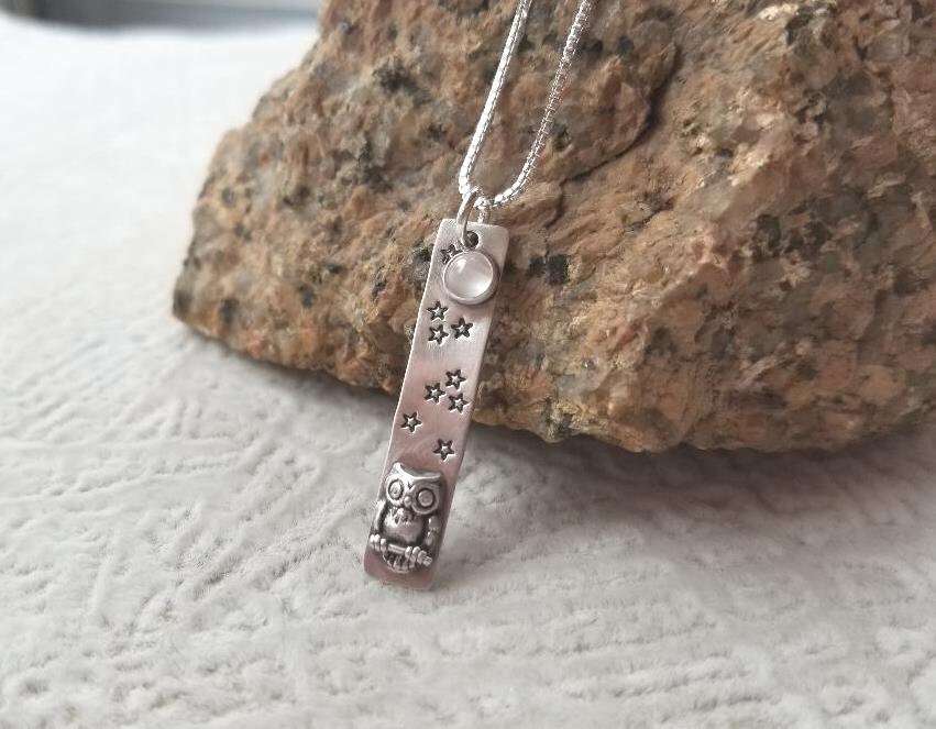 Moon & Stars Owl Pendant Necklace - Moonstone Gemstone - Sterling ...