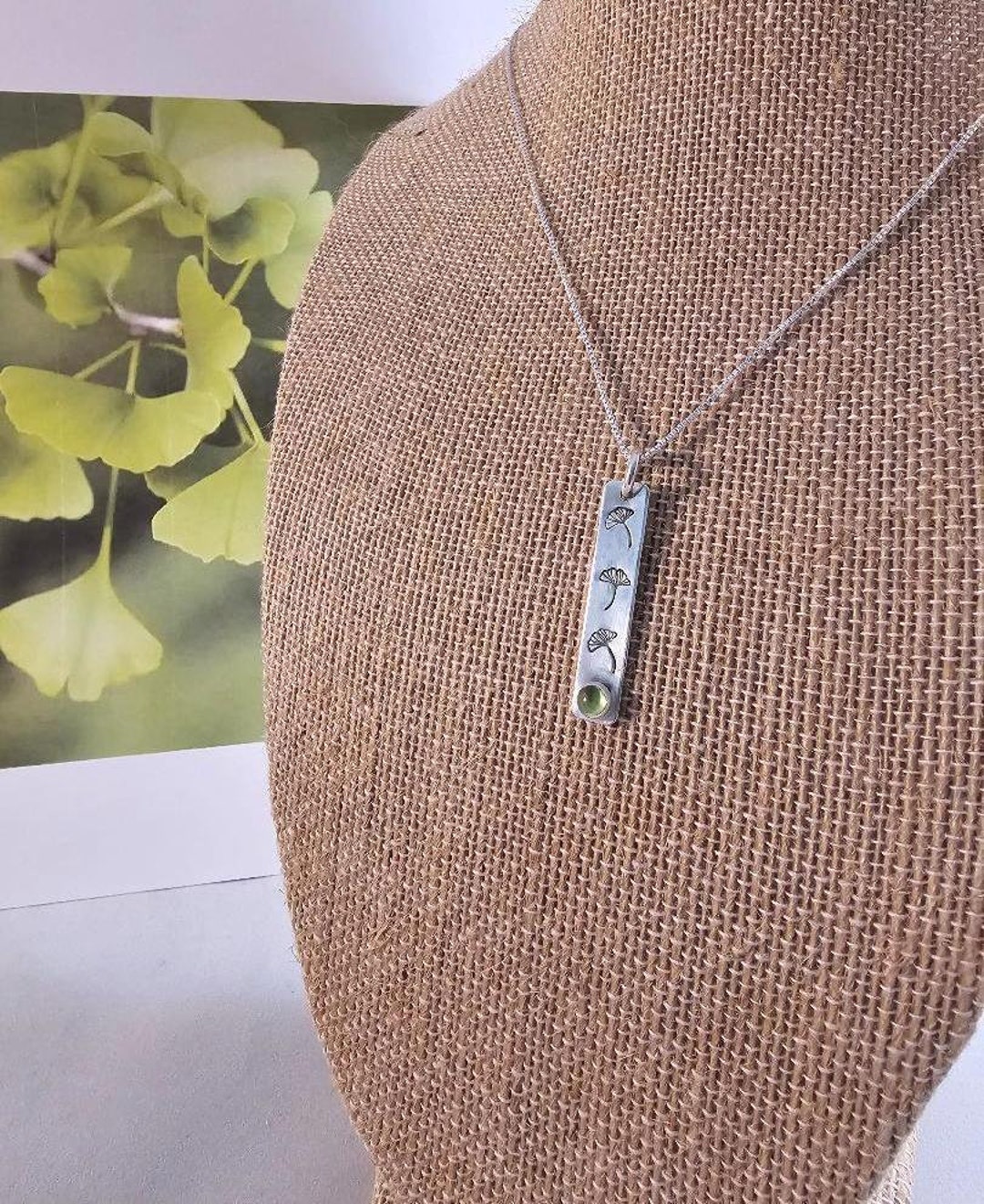 Gingko Leaf Stamped Pendant Necklace - Peridot Gemstone - Sterling ...