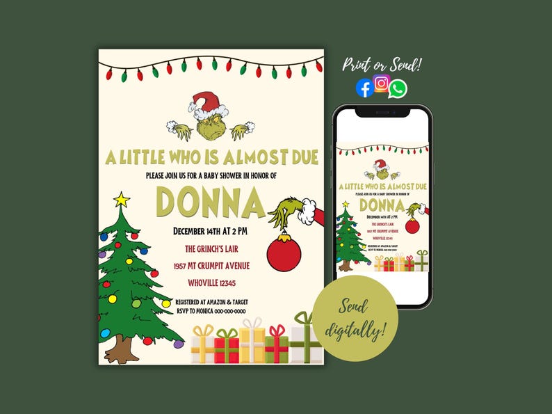 Grinch Theme Baby Shower Invitation Bundle - Etsy