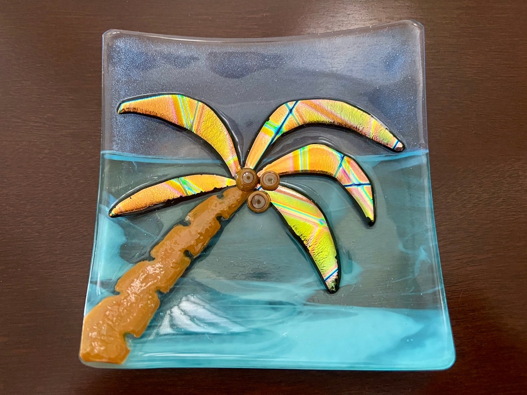 Dichroic Glass Coconut Palm, Handmade Fused Glass Ring Dish or Trinket ...